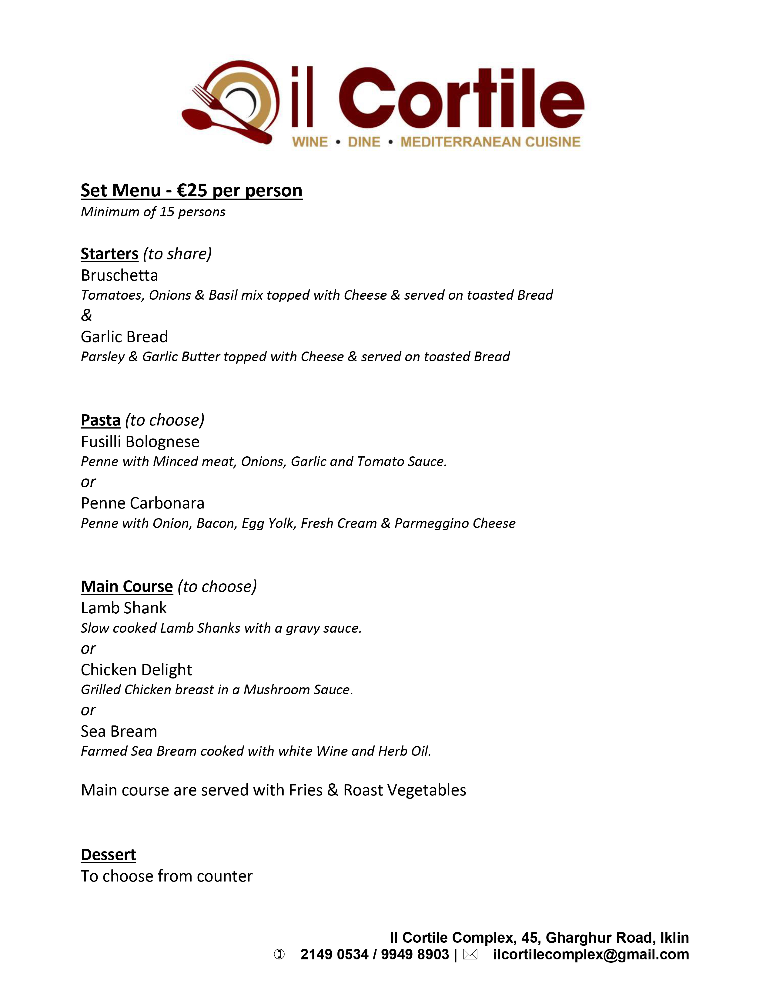Set Menus – Il Cortile