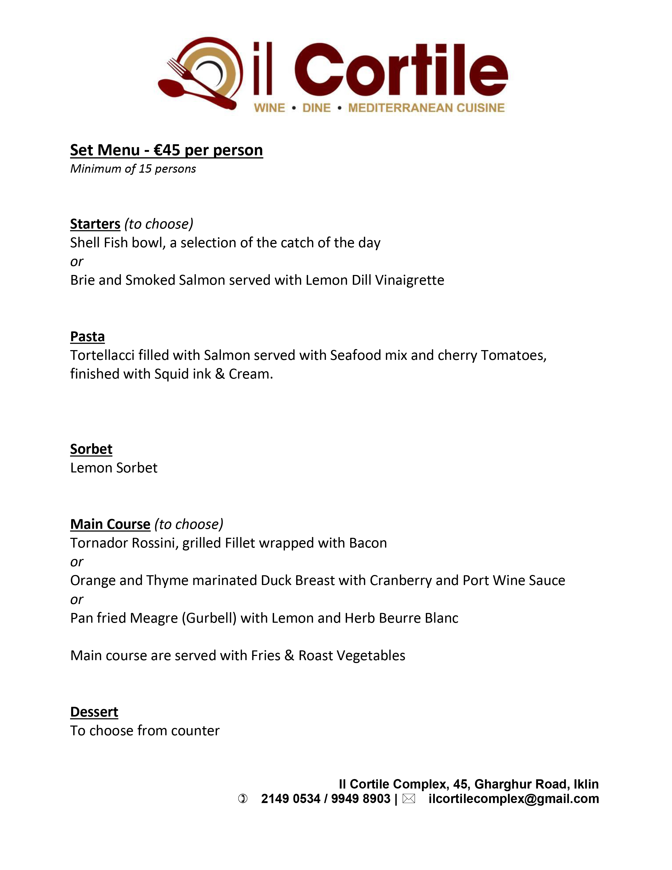 Set Menus – Il Cortile